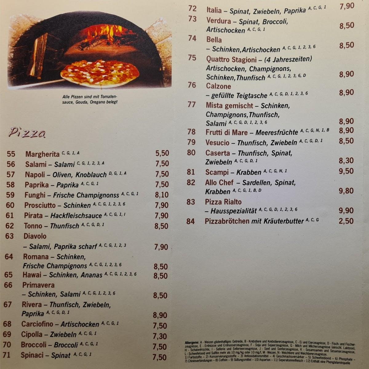 Menu au Pizzeria Rialto, Kaarst