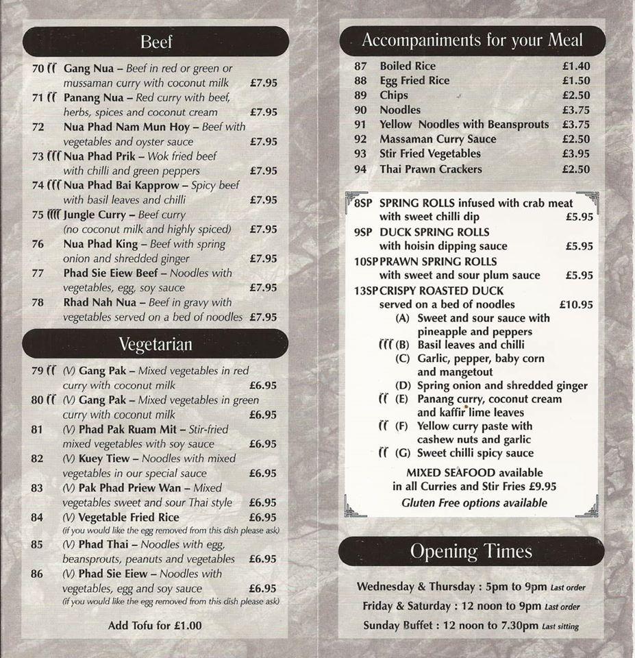 Menu at Y'Thai restaurant, Stokesley