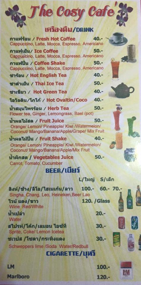 Menu at COZY BAR, Chiang Mai