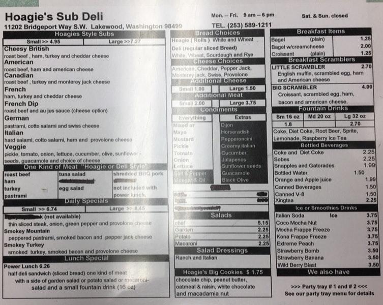 Menu at Hoagie's Sub Deli restaurant, Lakewood