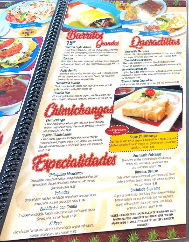 Menu at Los Aztecas restaurant, Indian Land, Charlotte Hwy