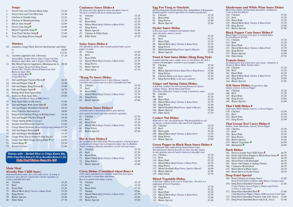 Menu at Lucky Star fast food, Leeds, 100 Aberford Rd