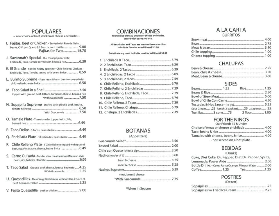 Menu at Savannah's Restaurant, Levelland