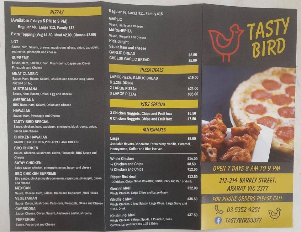 Menu at Tasty Bird restaurant, Ararat, 212 Barkly St