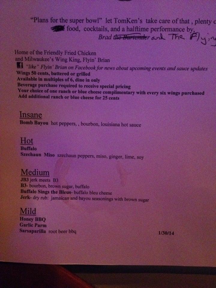 Menu at TomKen's Bar & Grill, Milwaukee