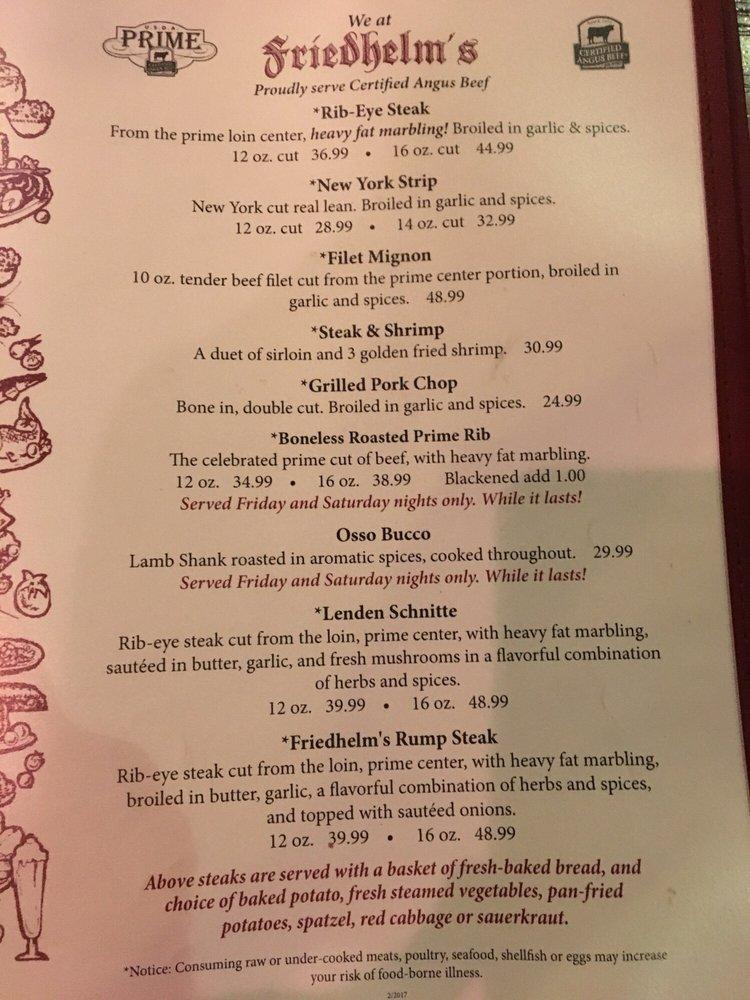 Menu at Friedhelm's Bavarian Inn Restaurant /Bar, Fredericksburg
