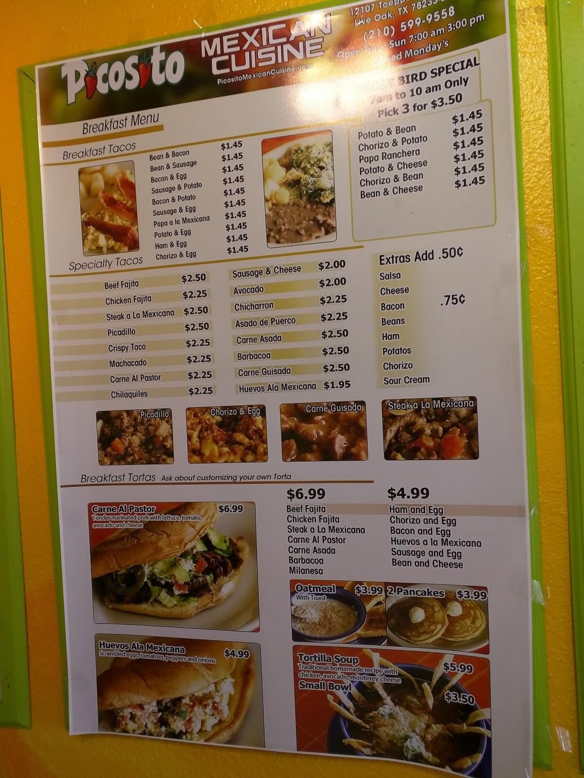 Menu at Pollo Picosito Mexican Restaurant, Live Oak