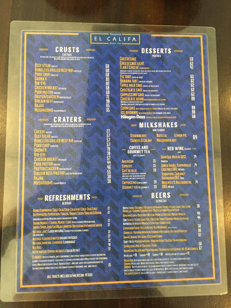 Menu at Taquería El Califa restaurant, Mexico City, Av. P.º de la ...