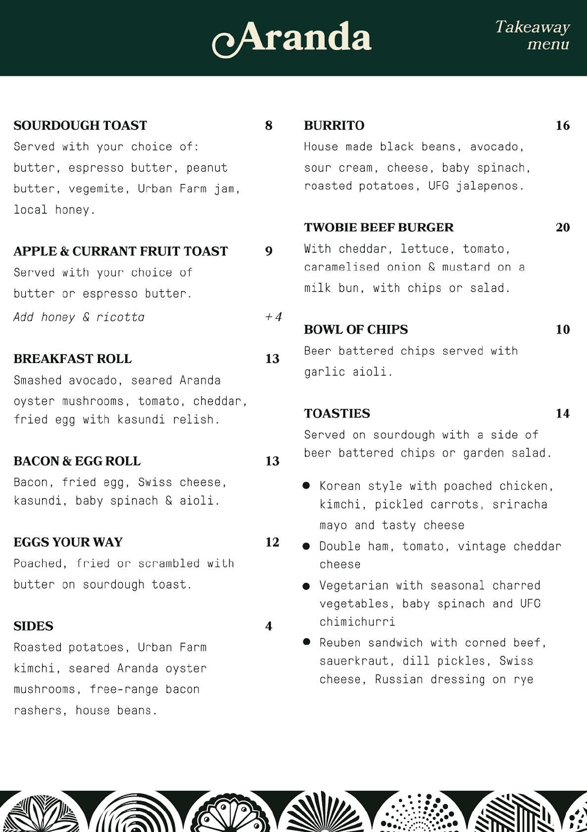 Menu at Two Before Ten Aranda cafe, Aranda, 68 Bandjalong Cres