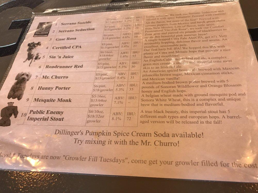 Menu at Borderlands Brewing Company restaurant, Tucson