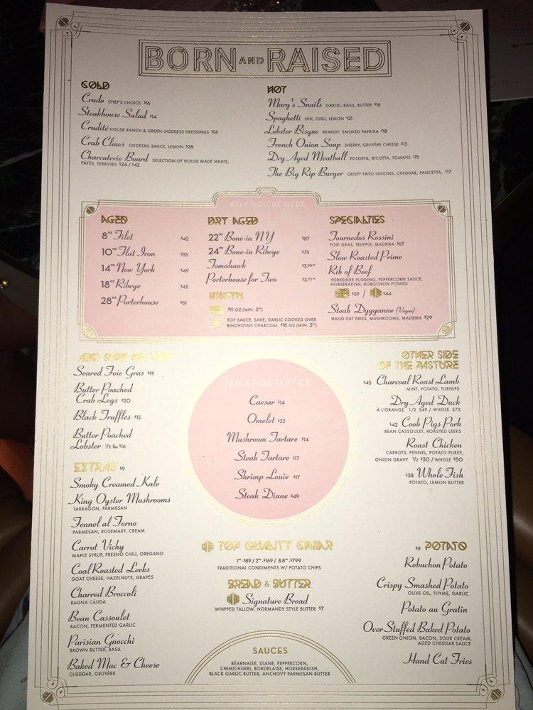Menu at Born and Raised steakhouse, San Diego, India St
