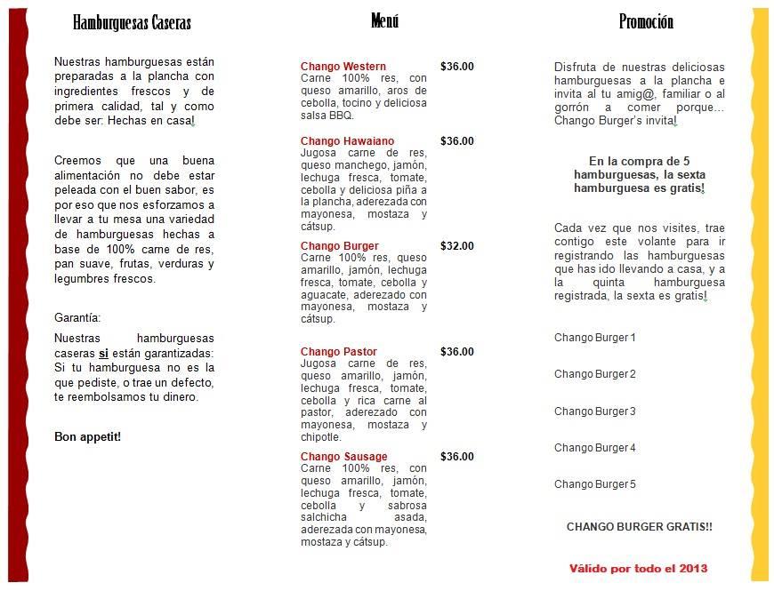 Menu at Chango Burger's restaurant, Juárez