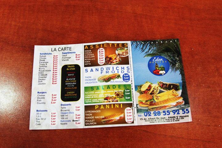 Menu au Eden Délices fast food, Saint-Nazaire
