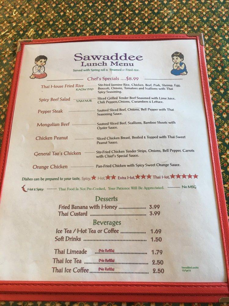 Menu at Sawaddee restaurant, Spring Lake