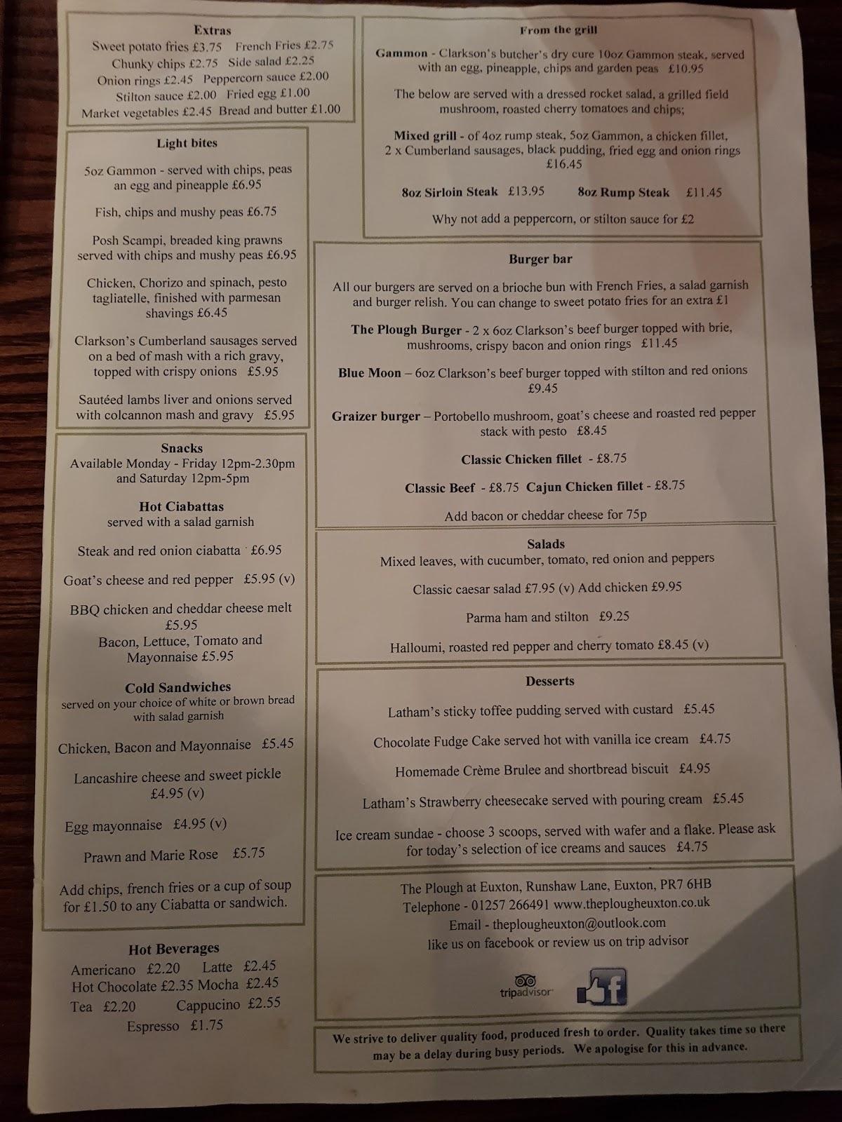 Menu at The Plough at Euxton pub & bar, Chorley, Runshaw Ln