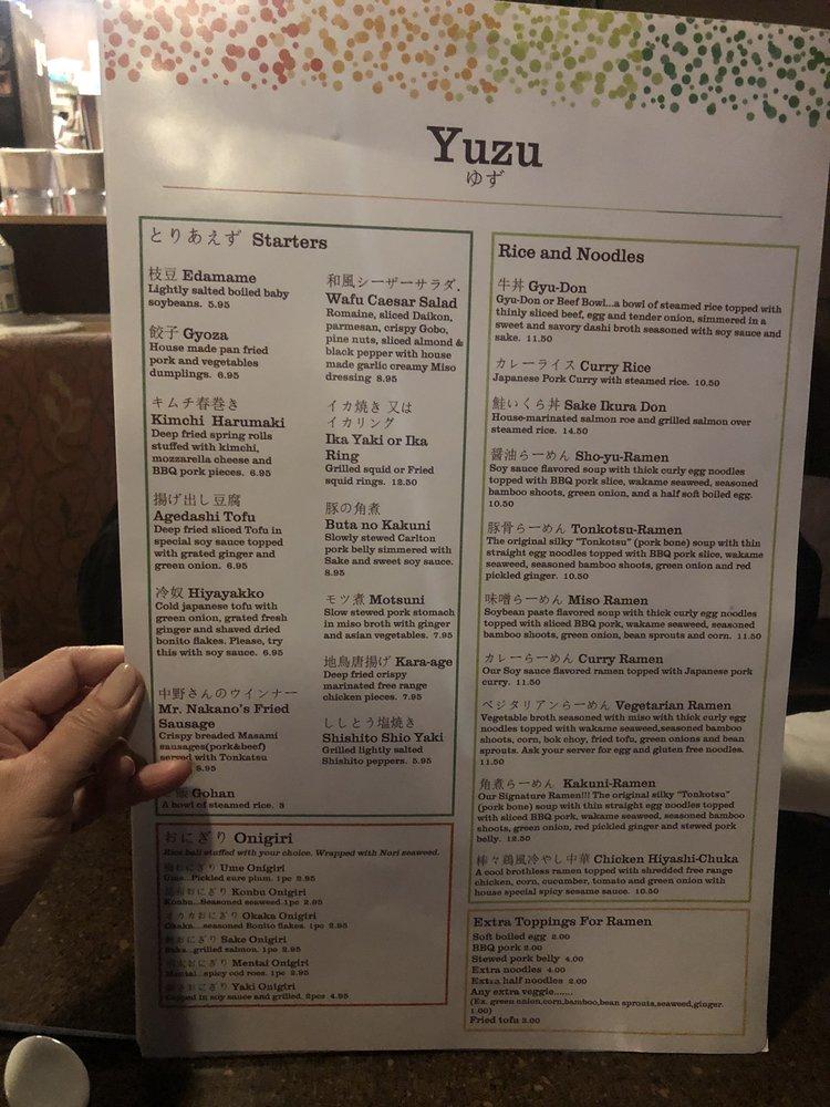 Menu at Yuzu restaurant, Beaverton