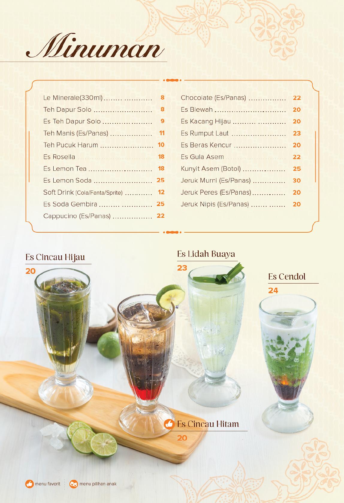 Carta del restaurante Dapur Solo Matraman, Yakarta, Jl. Matraman Raya No.18