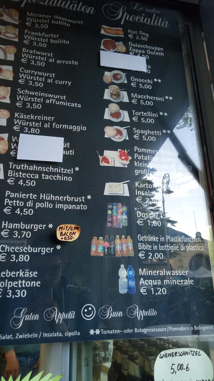 Menu at Imbiss restaurant, Merano