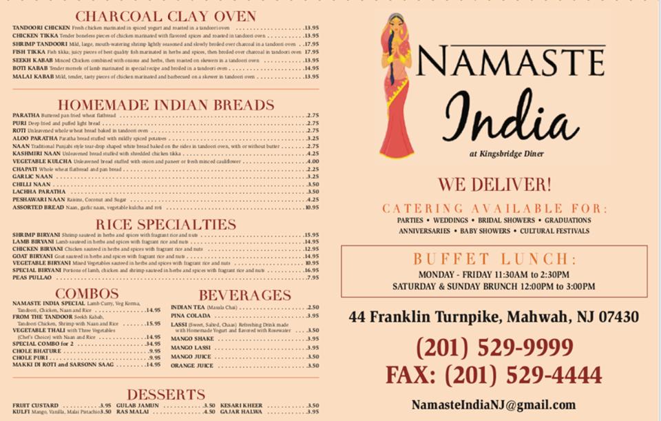 Menu at Namaste India restaurant, Mahwah