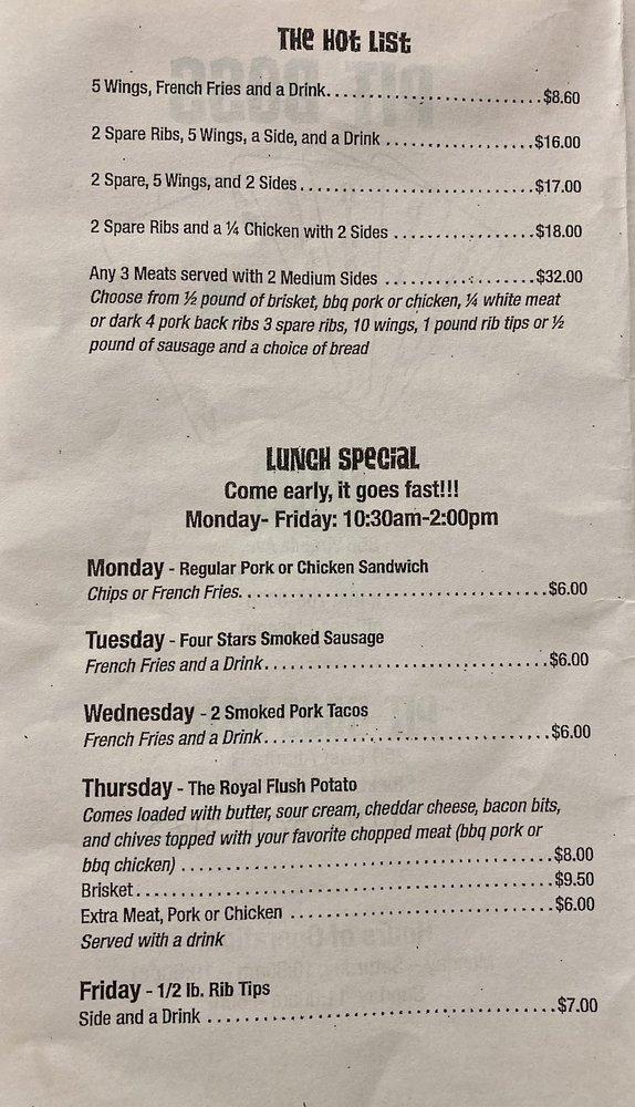 Menu at Pit Boss BBQ & Spirits, Stockbridge