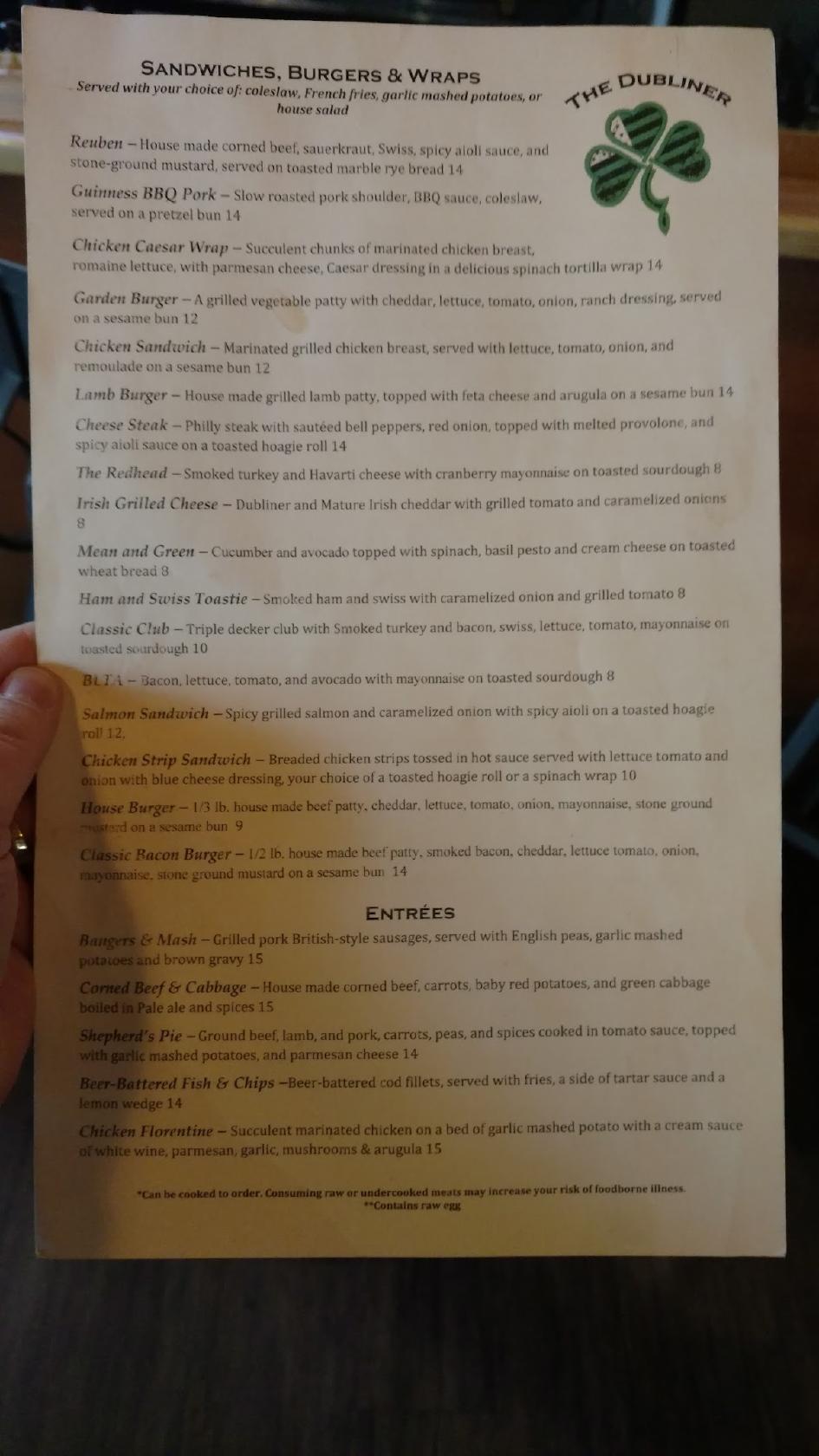 Menu at The Dubliner Irish Pub & Cafe, Redmond