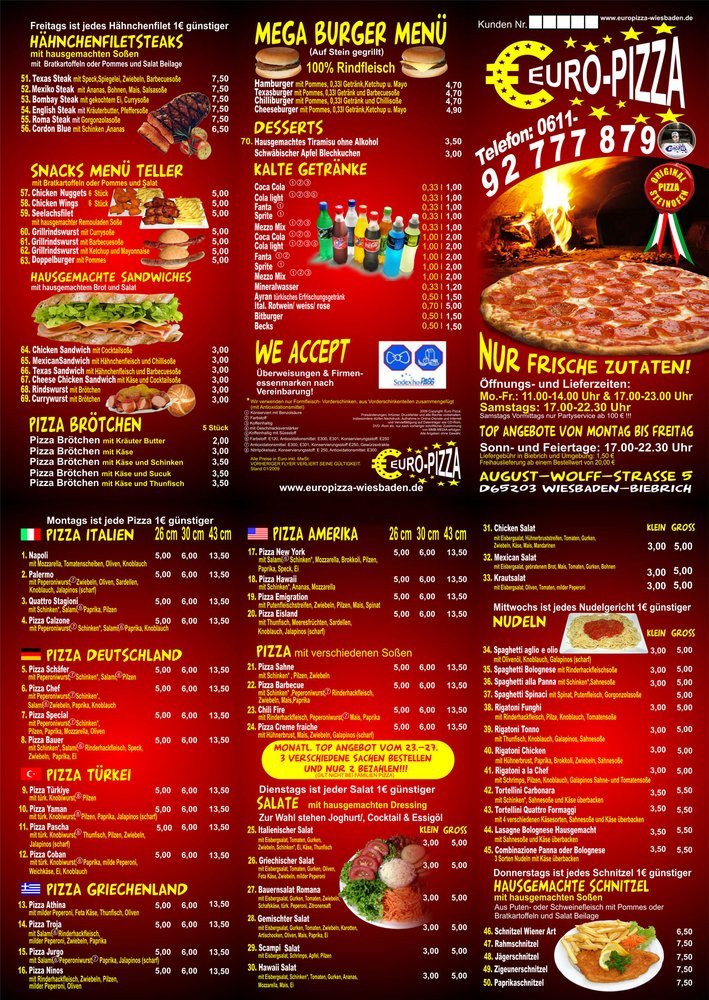 Menu at Euro Pizza, Wiesbaden