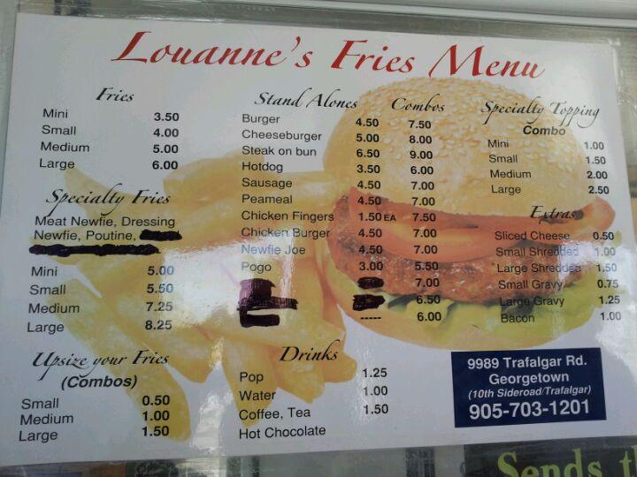 Menu at Louanne's Fries restaurant, Halton Hills
