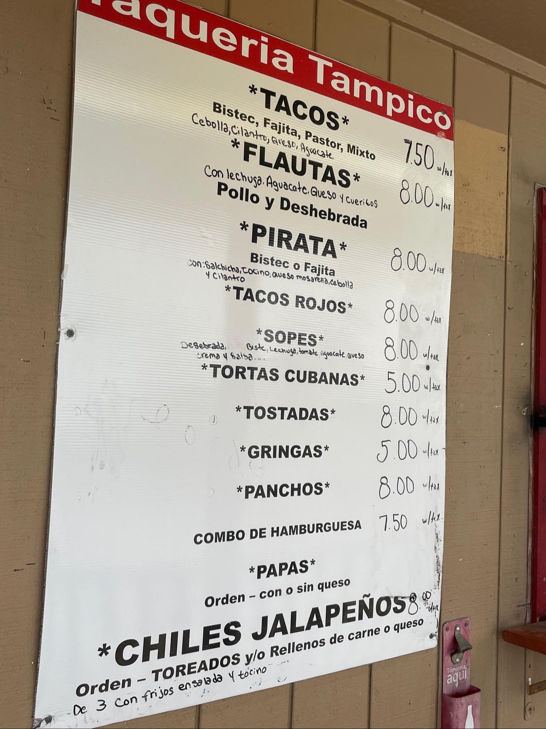 Menu at Taqueria Tampico 2 restaurant, Brownsville, US Highway 281