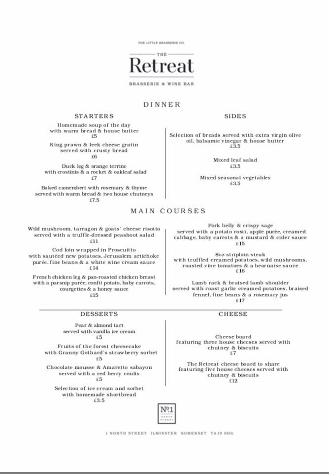 Menu at Conviva at The Retreat restaurant, Ilminster