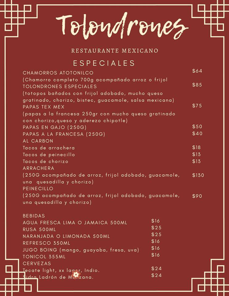 Menu at Tolondrones restaurant, Mexico