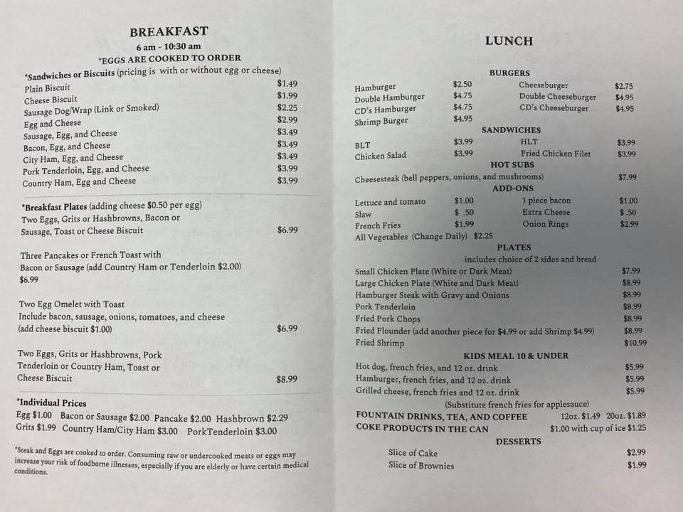 Menu at CD's Grill restaurant, Winterville