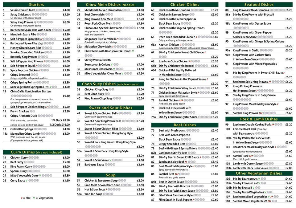 Menu at Chinagaga restaurant, Bexleyheath