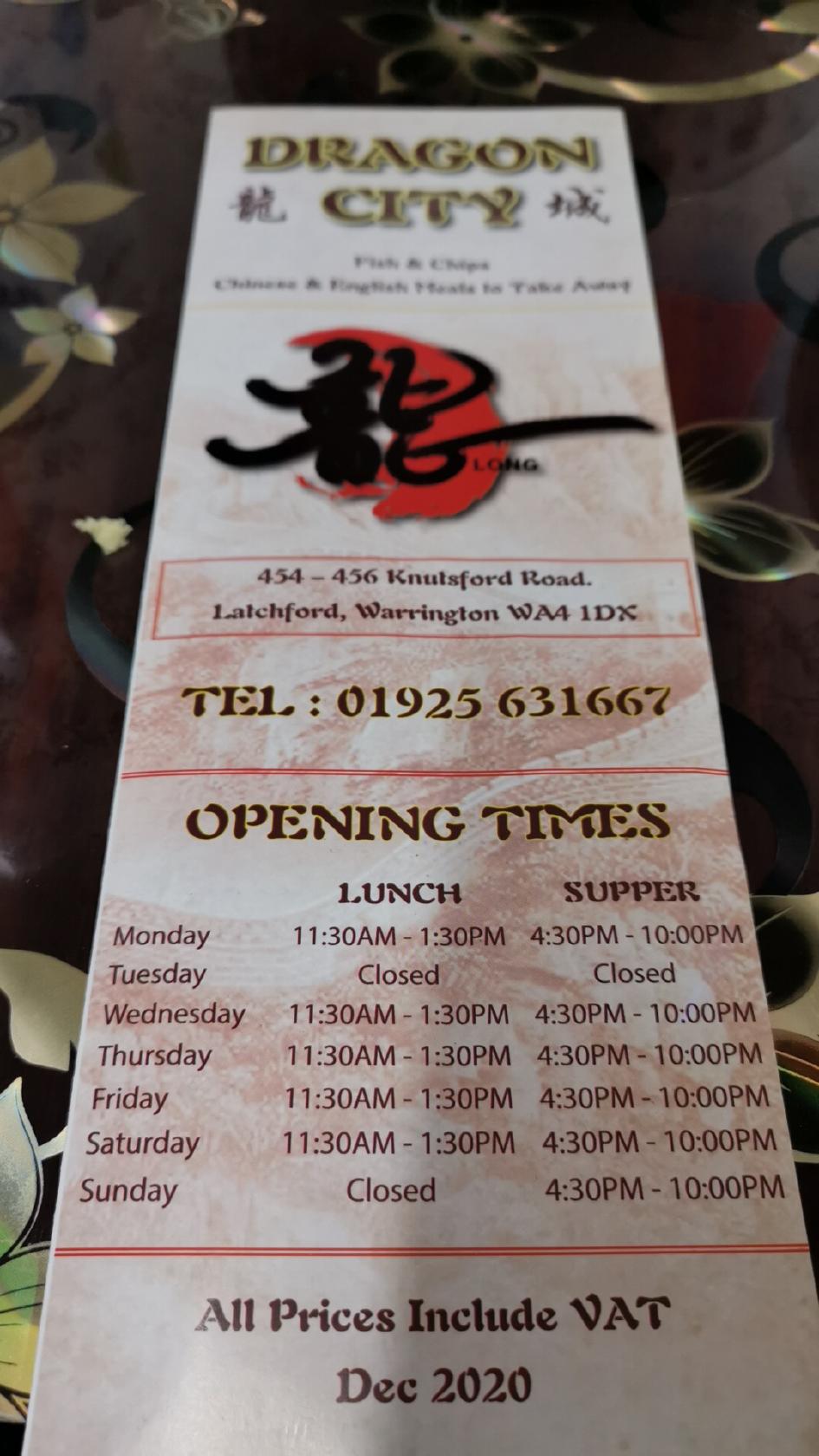 Menu at Dragon City fast food, Warrington