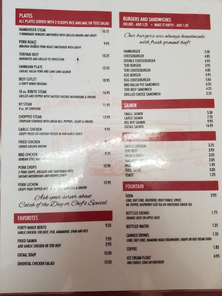 Menu at Forty Niner Restaurant, Aiea