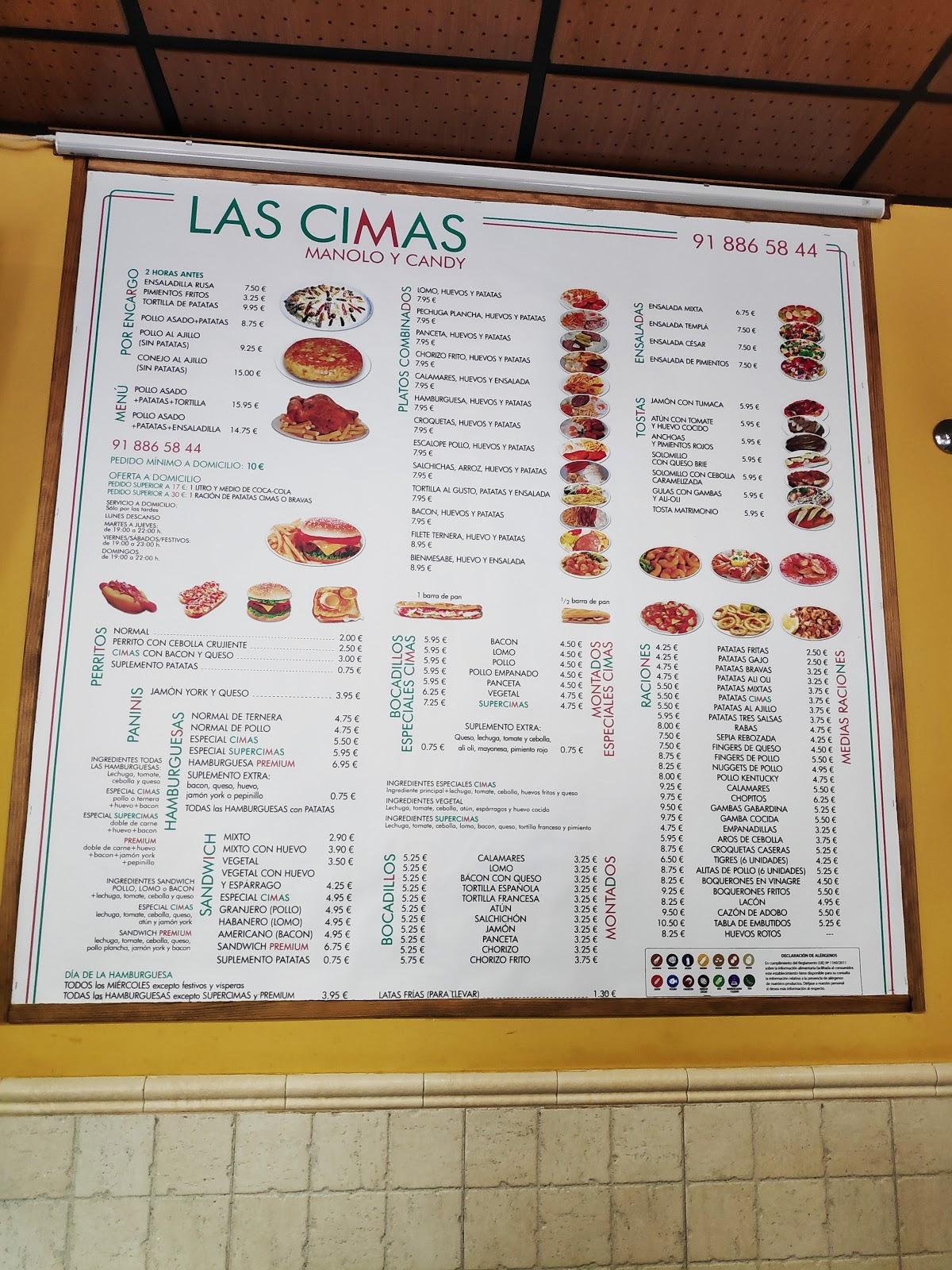 Carta de Bar Cafeteria LAS CIMAS, Camarma de Esteruelas