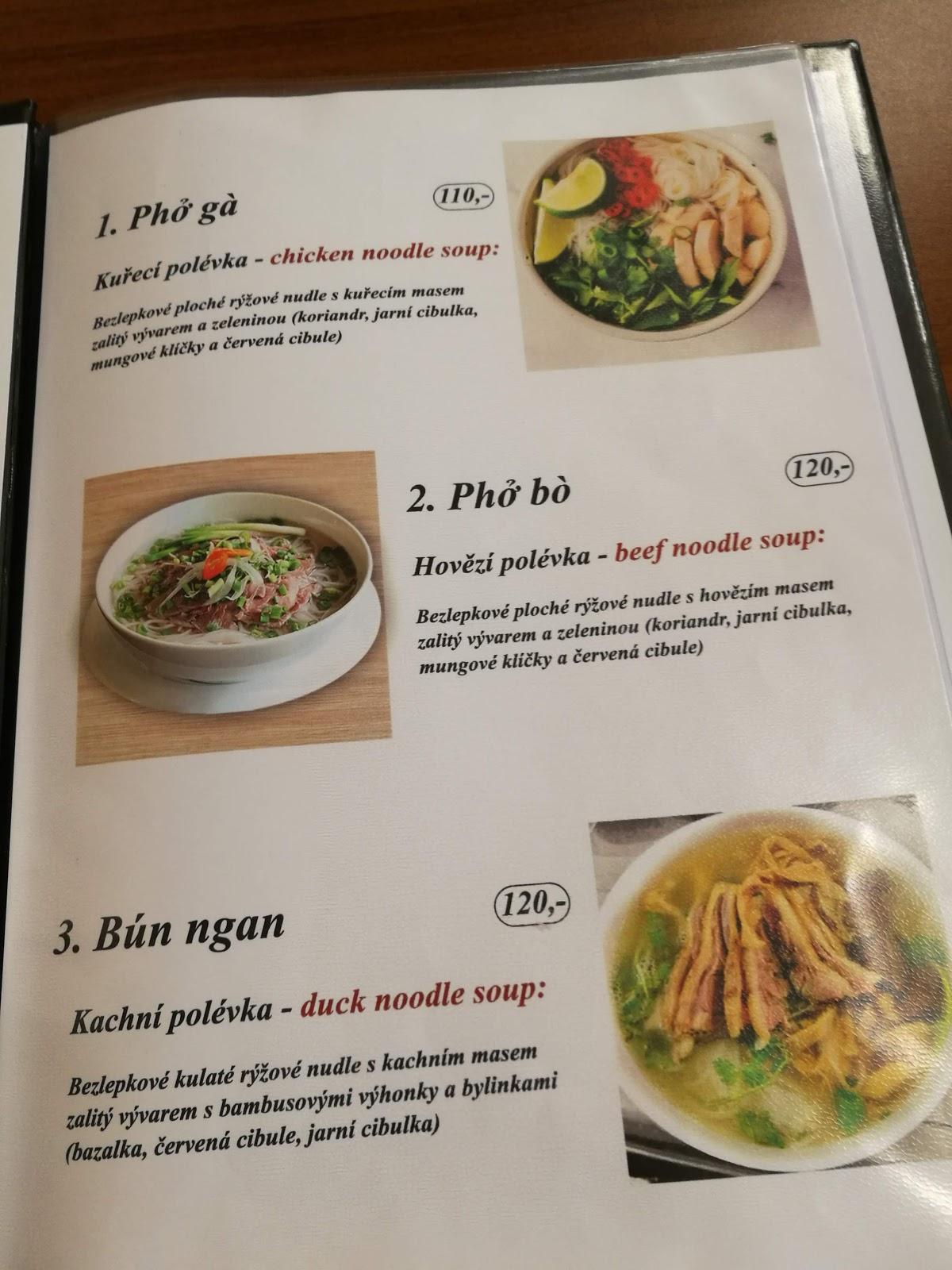 Menu at Pho-king restaurant, Brno