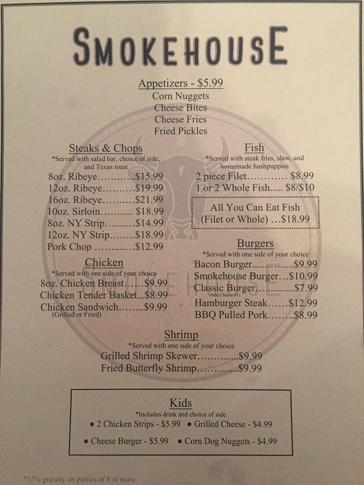 Menu at Smokehouse steakhouse, Myrtle