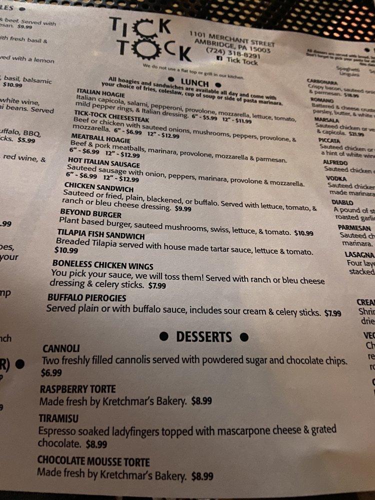 Menu at Tick Tock Bar & Cafe, Ambridge