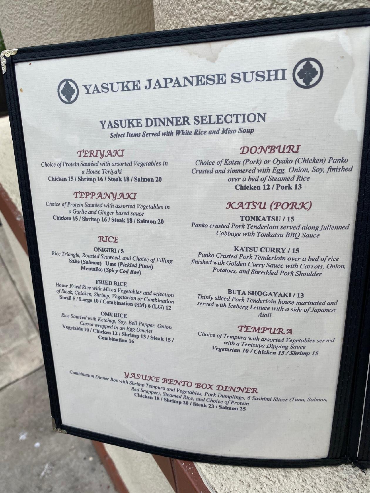 Menu at Yasuke Japanese Sushi restaurant, McAllen