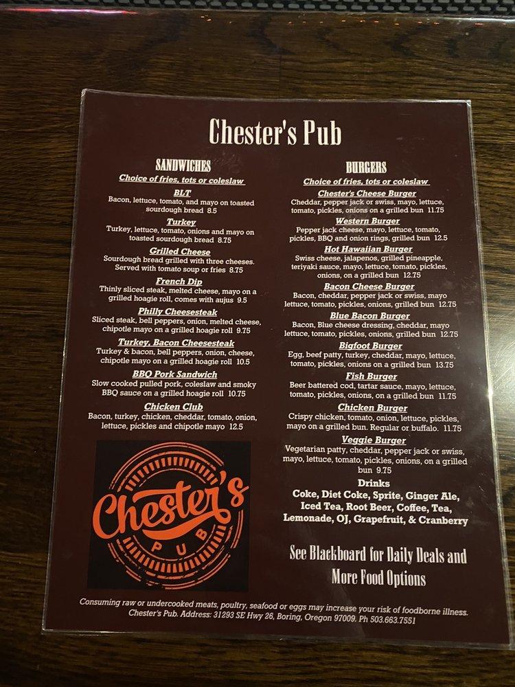 Menu at Chester's Pub, Boring