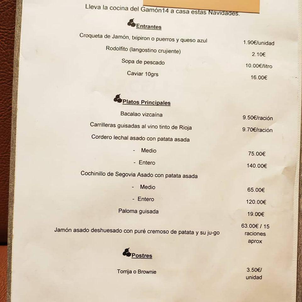 Carta del pub y bar Gamon 14 Taberna Jatetxea, Rentería