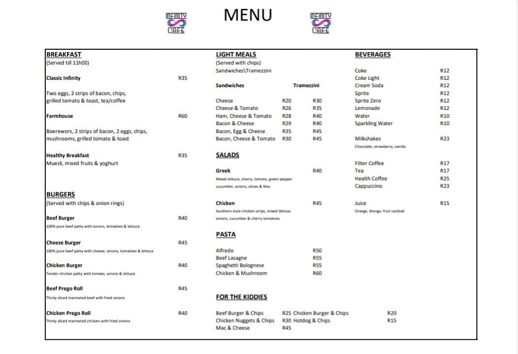 Menu at Infinity Café: Emmerentia's home Kitchen restaurant, New Redruth