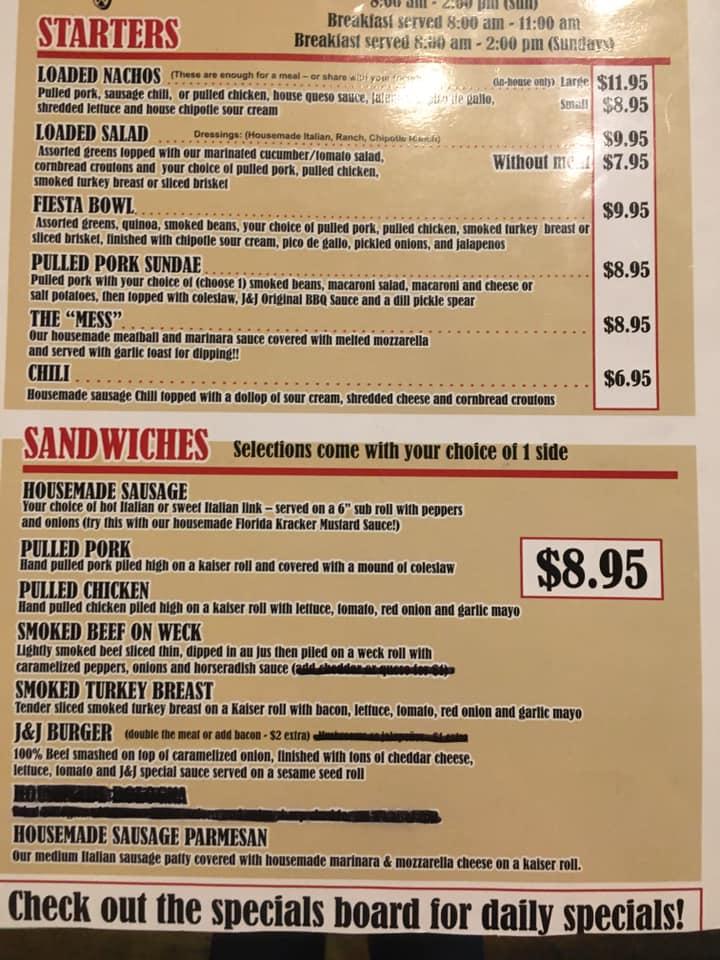 Menu at J&J BBQ, Canisteo