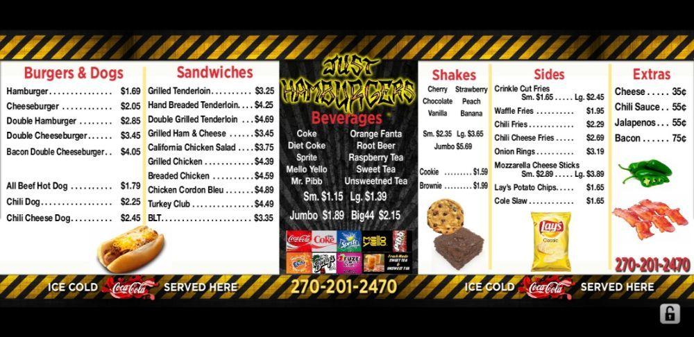 Menu at Just Hamburgers restaurant, Paducah, James Sanders Blvd