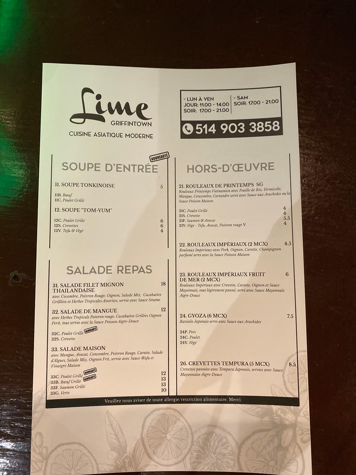 Menu au Lime Griffintown restaurant, Montréal