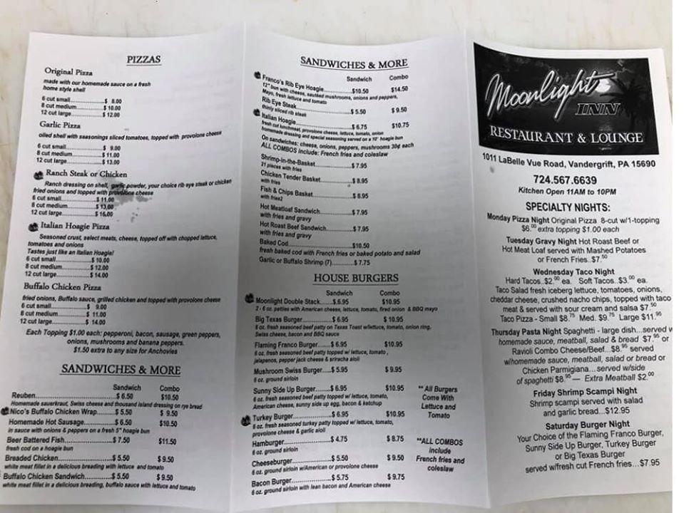 Menu at Moonlight Inn pub & bar, Vandergrift, La Belle Vue Rd