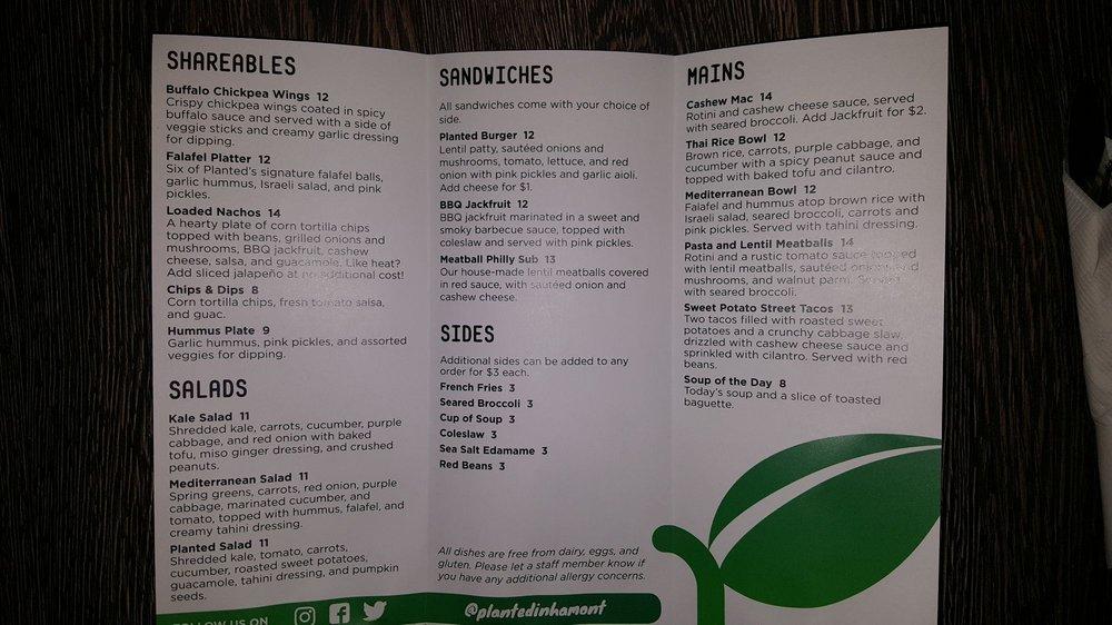 Menu at Planted in Hamilton restaurant, Hamilton, 211 Locke St S