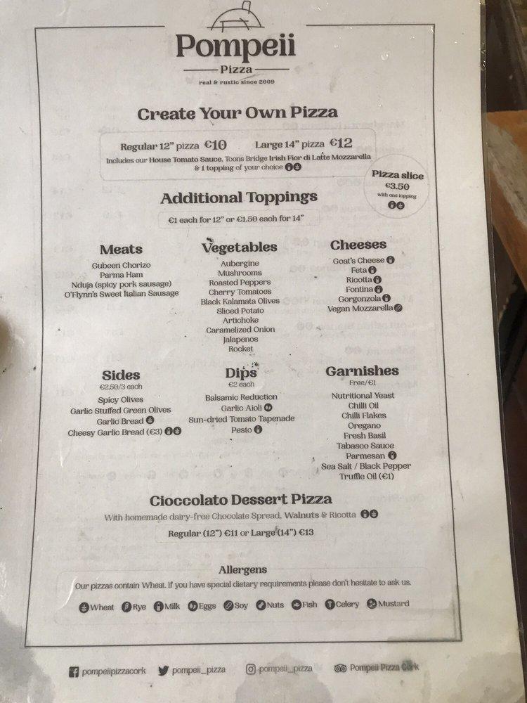Menu at Pompeii Pizza Cork pizzeria, Cork