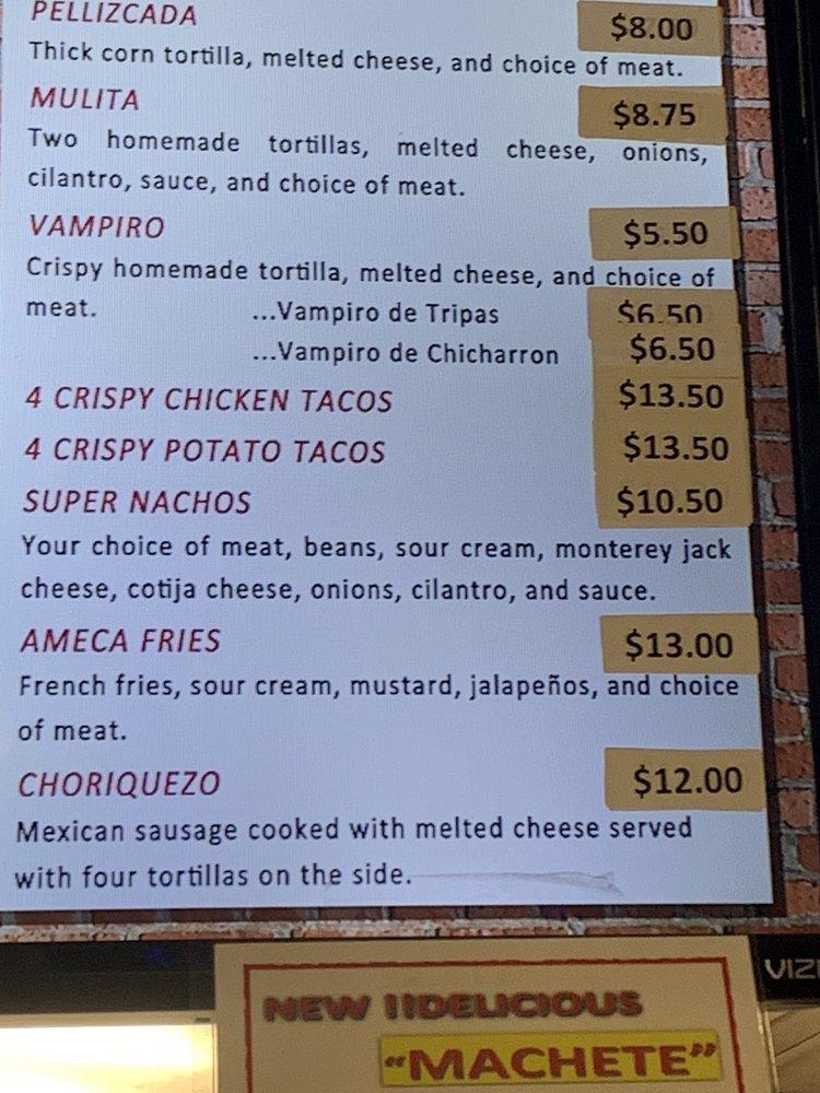 Menu at Tacos Ameca #3 restaurant, Morgan Hill