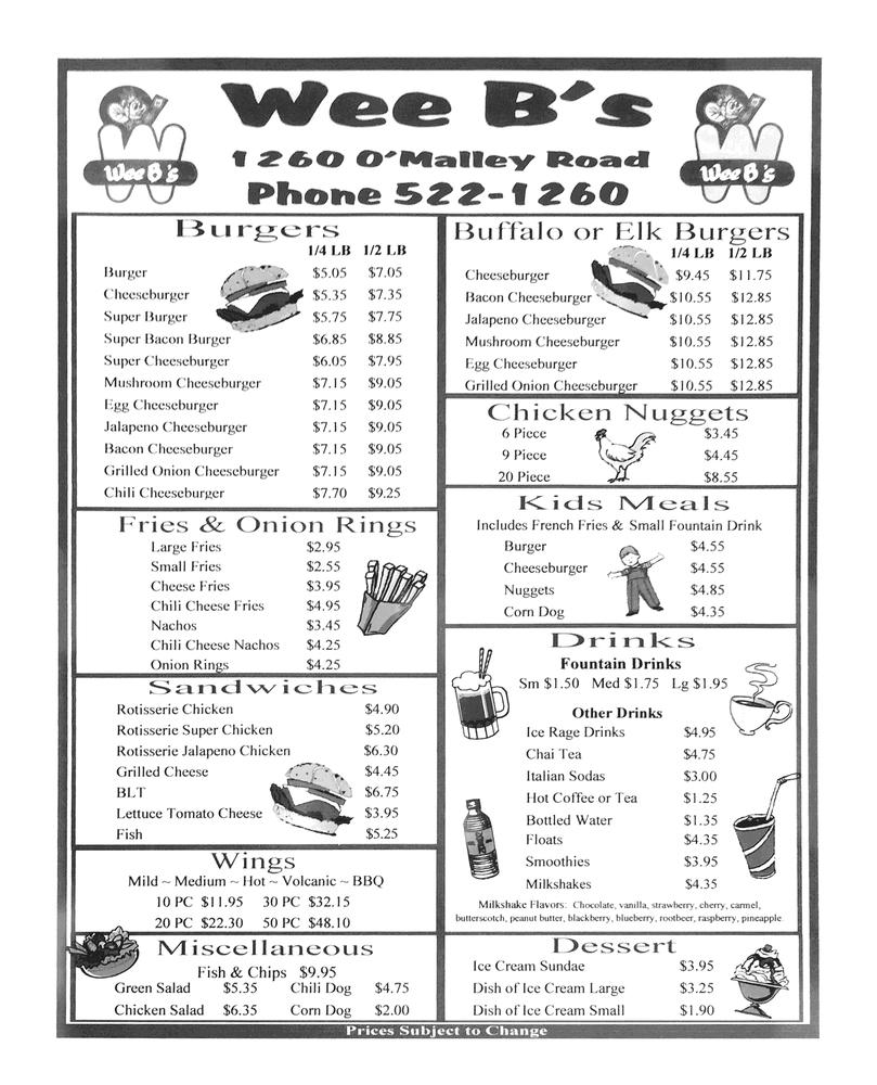 Menu at Wee B's restaurant, Anchorage, O'Malley Rd